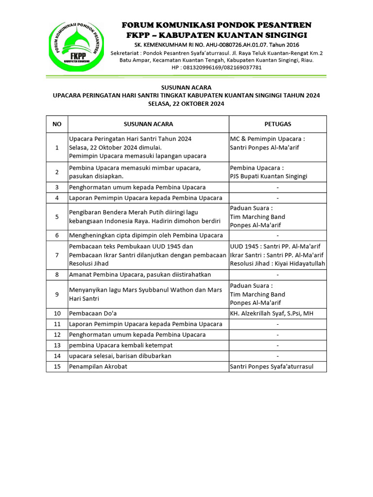 Susunan Acara Upacara Hari Santri 2024 | PDF