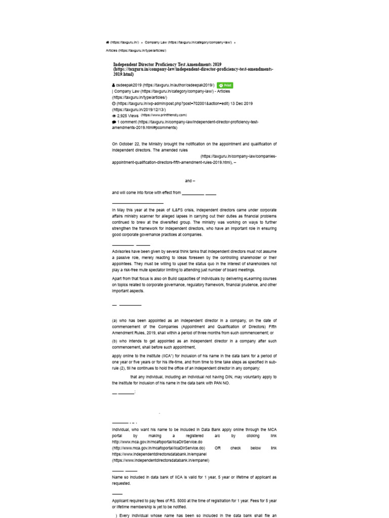 Independent Director Proficiency Test Amendments 2019 | PDF | Corporate ...