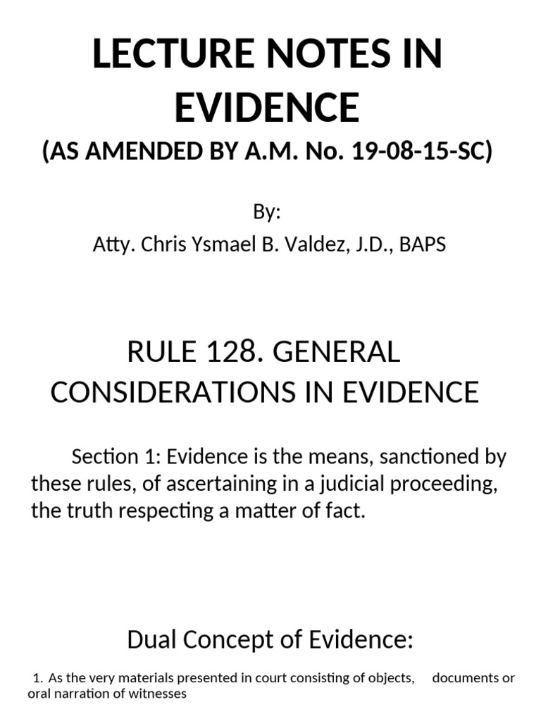 Lecture Notes On Evidence Atty. Chris Ysmael Valdez | PDF | Evidence ...