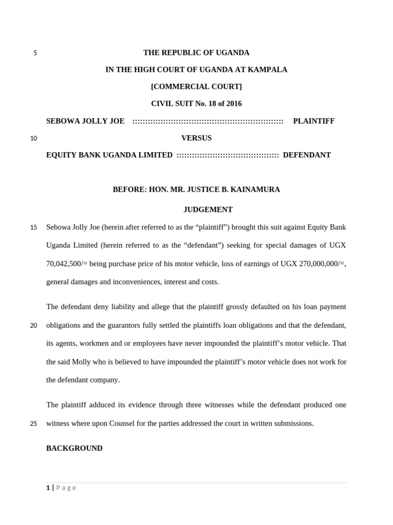Sebowa V Equity Bank Uganda LTD (Civil Suit No 18 of 2016) 2018 UGCommC ...