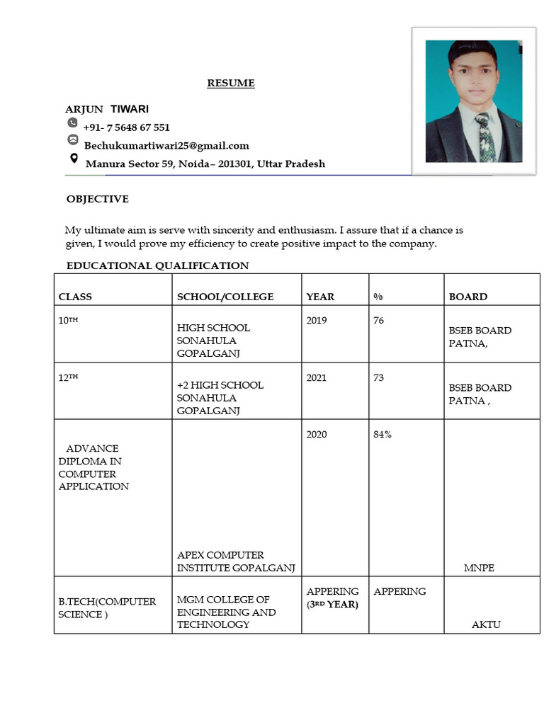 Arjun Tiwari Resume Ready 3rd Year | PDF | Computing