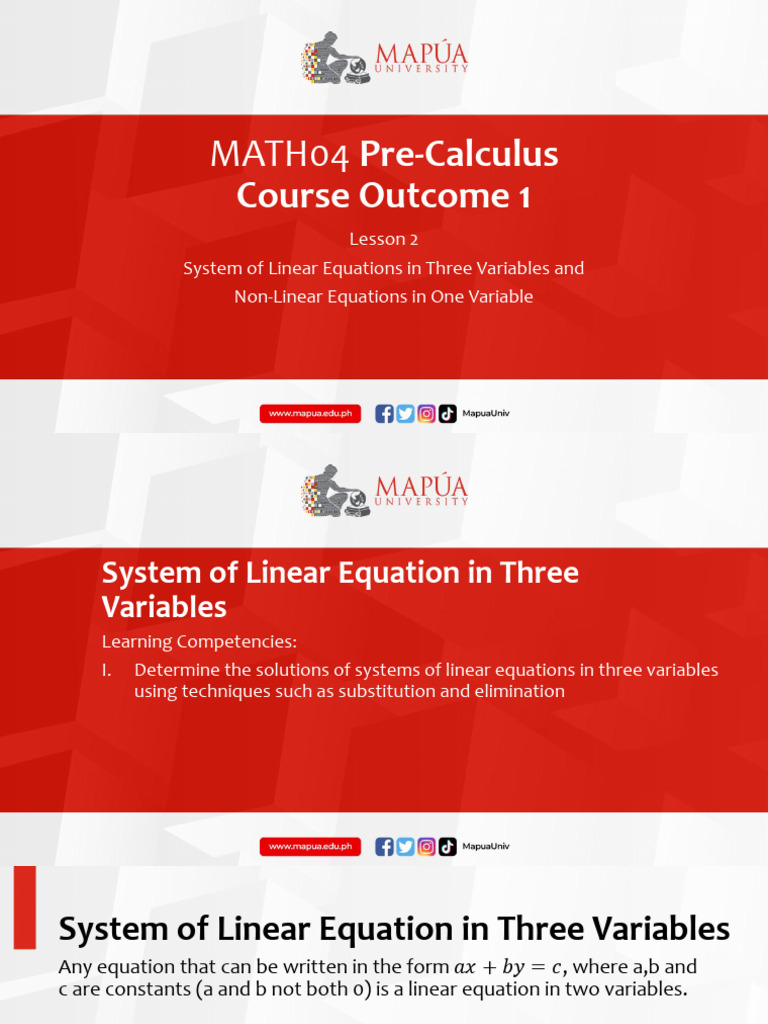 CO1.2 Systems of Linear in Three Variables and Non-Linear Equations | PDF | Quadratic Equation ...
