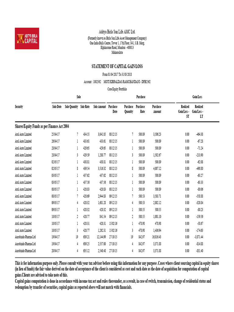 Capital Gains Statement 2017-18 | PDF | Capital Gains Tax | Capital Gain