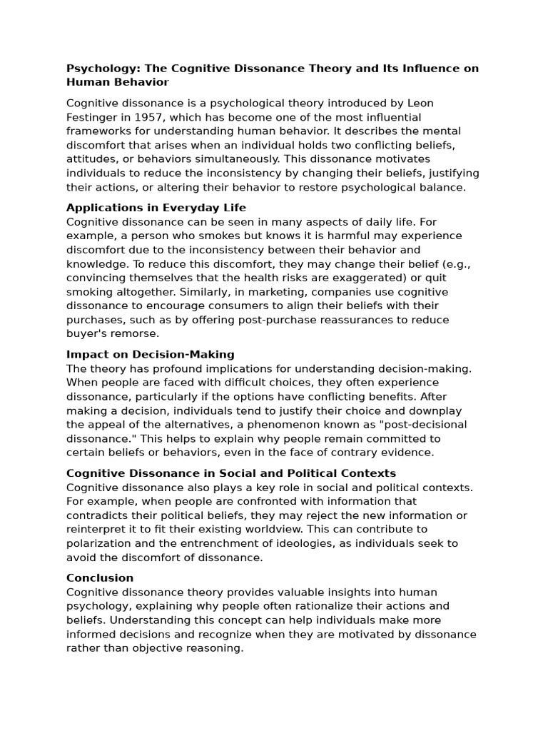 Psychology-The Cognitive Dissonance Theory | PDF