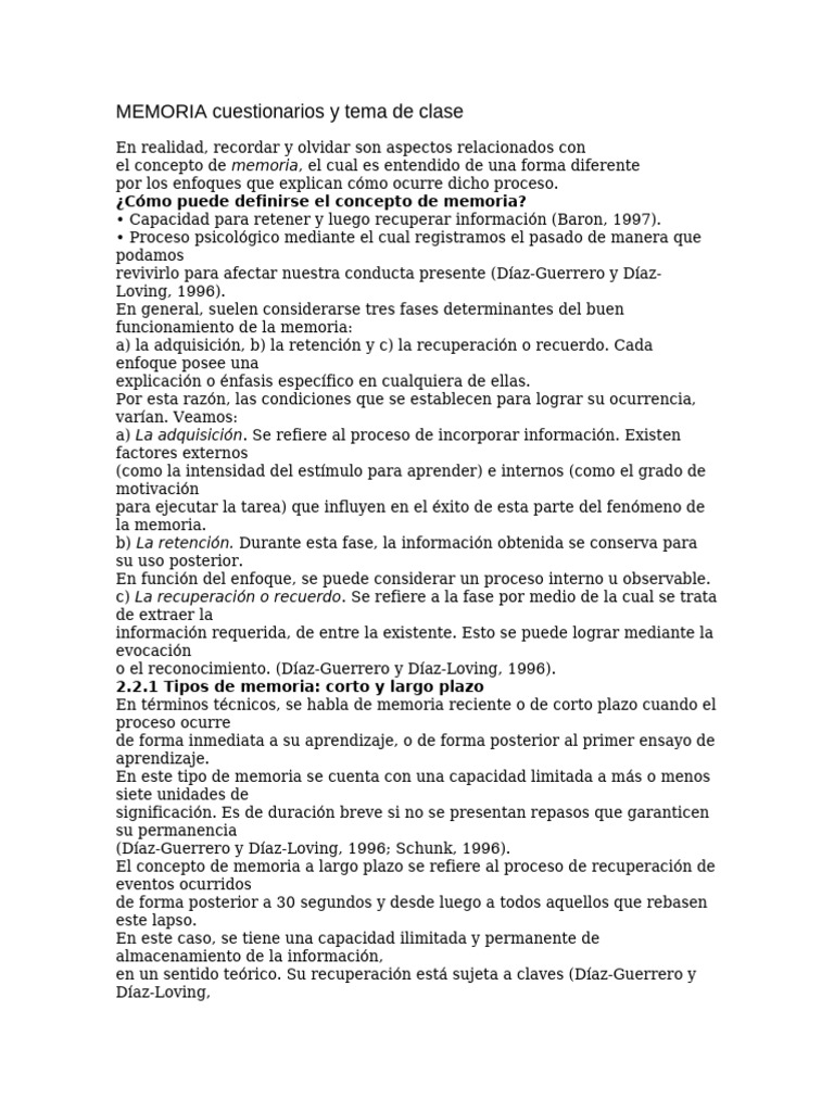 MEMORIA Cuestionarios y Tema de Clase | PDF | Memoria | Recuperar (memoria)