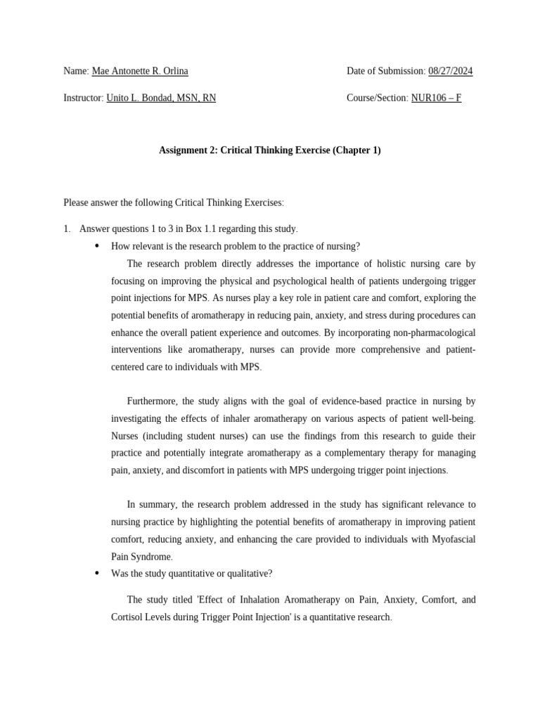 Assignment 2 Critical Thinking Exercise Chapter 1 | PDF | Aromatherapy | Pain