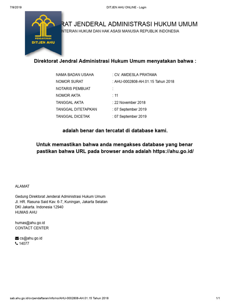 DITJEN AHU ONLINE - Login | PDF