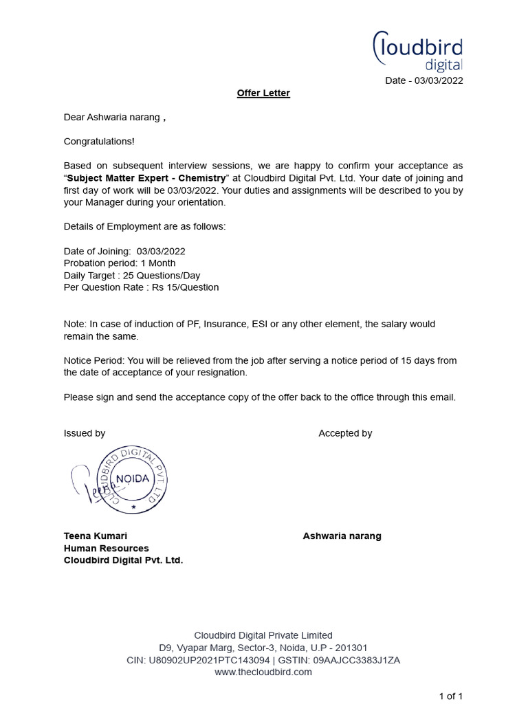 Offer Letter Ashwaria Narang | PDF | Finance & Money Management