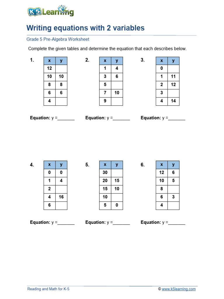 Grade 5 Pre-Algebra Equation Worksheet | PDF | Mathematics | Algebra