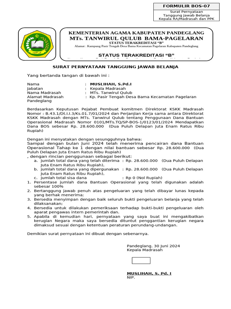 Surat Pernyataan Tanggung Jawab Belanja | PDF