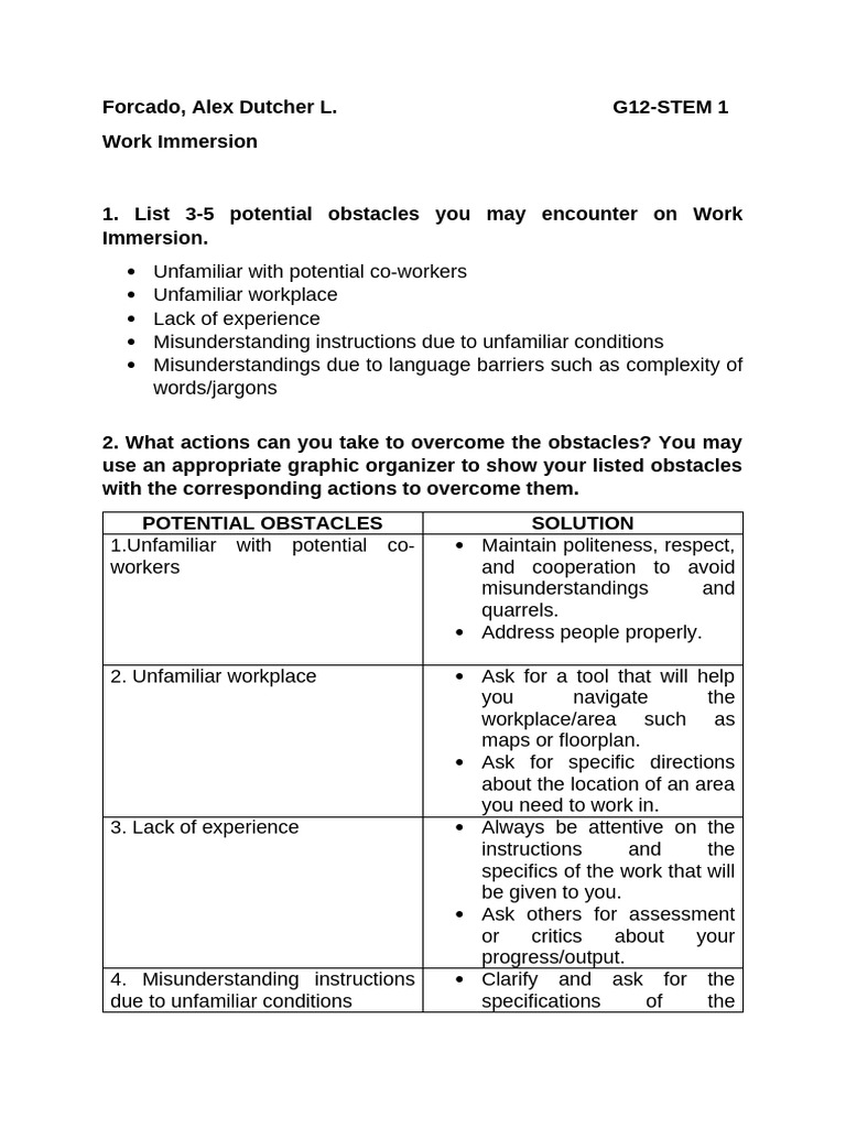 Work Immersion Activity 1 | PDF | Cognition