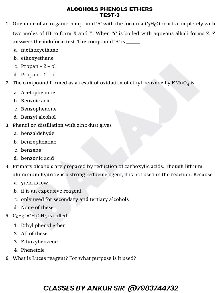 ALCOHOLS PHENOLS ETHERS TEST- (3) | PDF