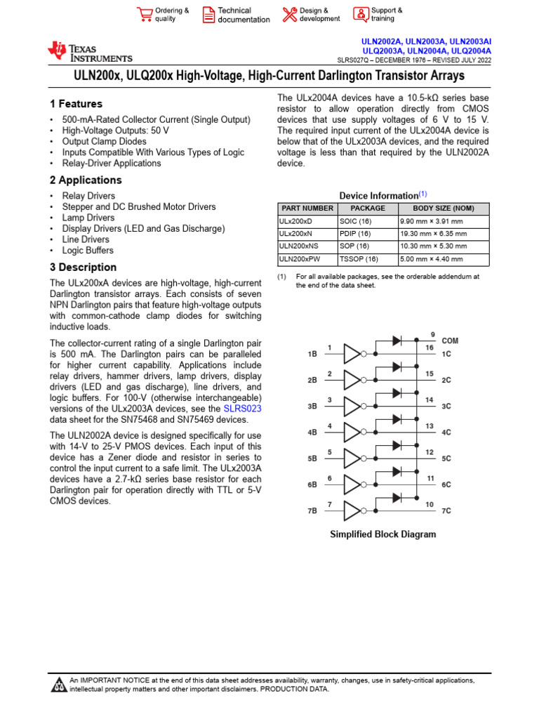 Uln2003a Datasheet | PDF | Electrostatic Discharge | Electrical Circuits