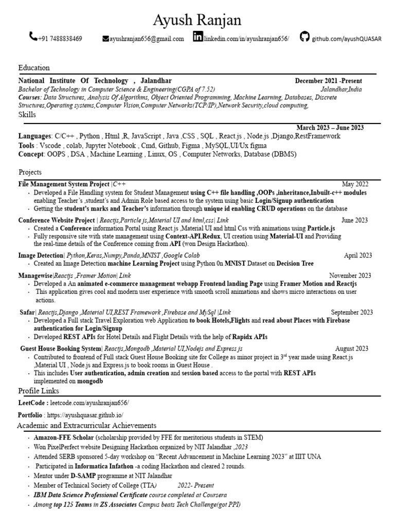 Google - Ayush - Resume - Oncampus (2) - AYUSH RANJAN | PDF | Databases | Computing