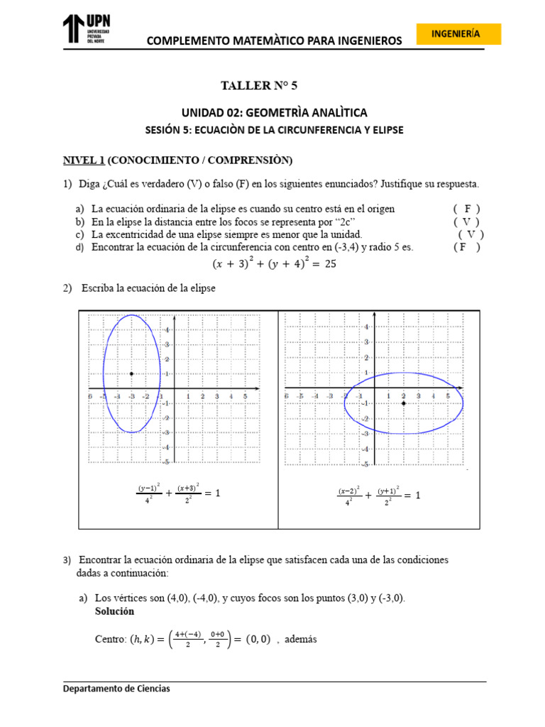 Complemento Matemàtico para Ingenieros: Sesión 5: Ecuaciòn de La Circunferencia Y Elipse | PDF ...