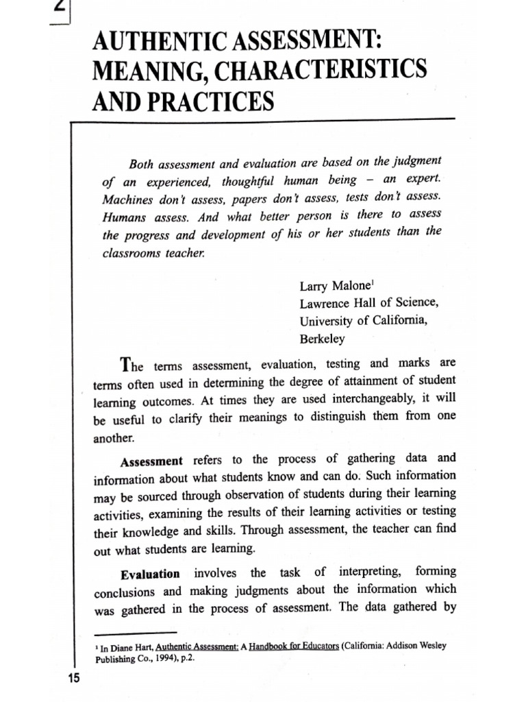 Authentic Assessment Meaning Characteristics And Principles Pdf