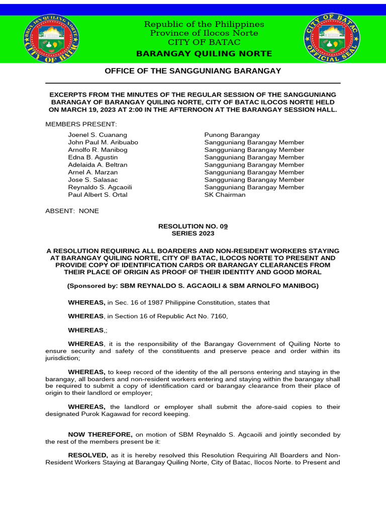 2023 BARANGAY RESOLUTION NO. 2023-09 Resolution Requiring All Boarders ...
