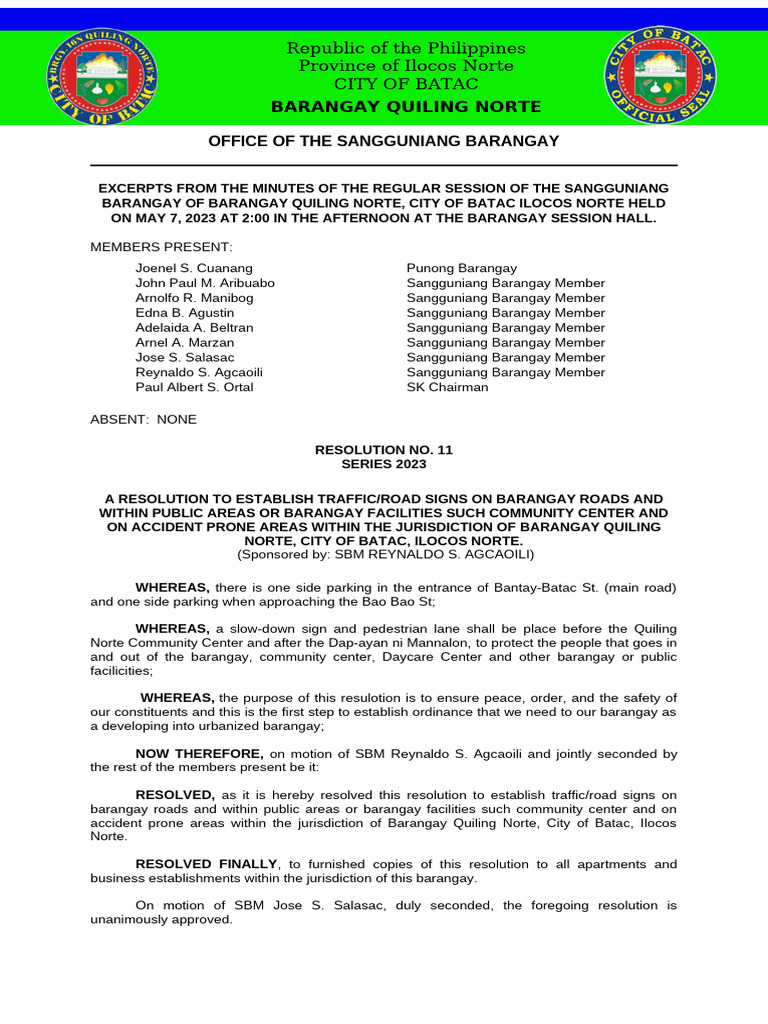 Barangay Quiling Norte: Republic of The Philippines Province of Ilocos ...