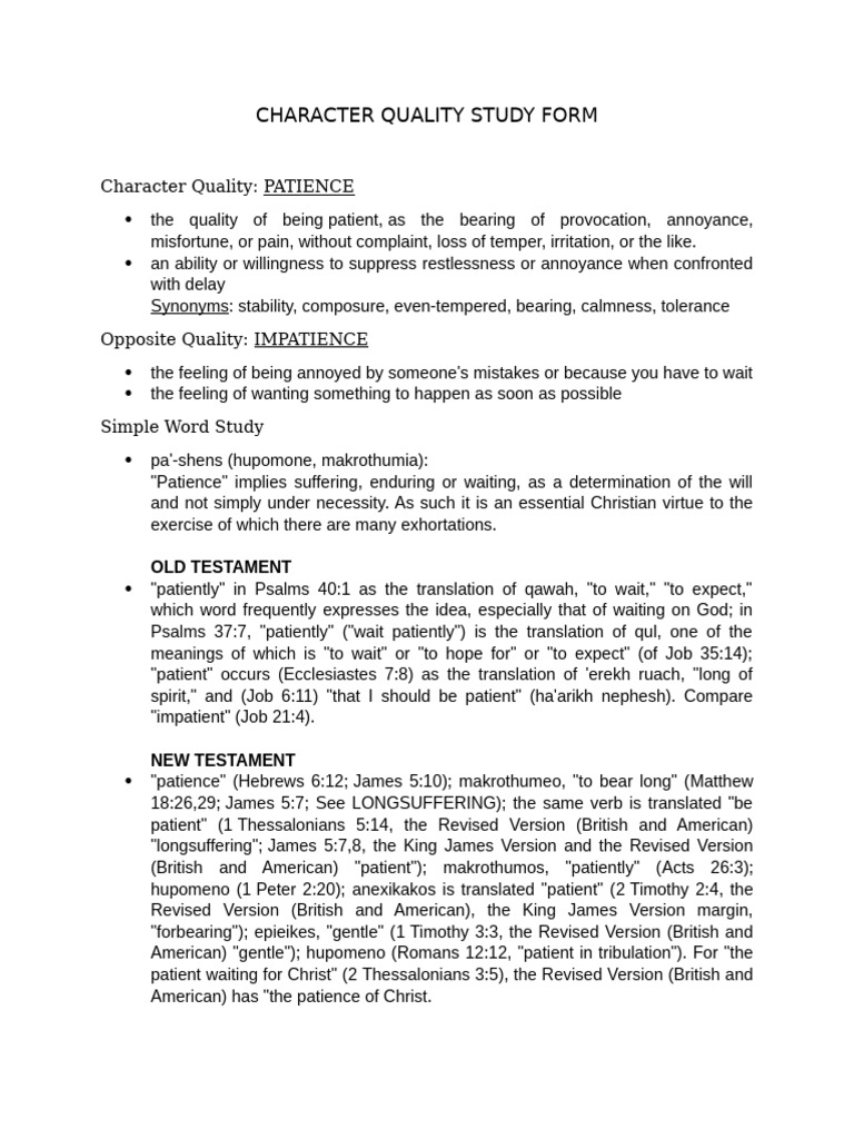 Character Quality Study Form | PDF | Patience