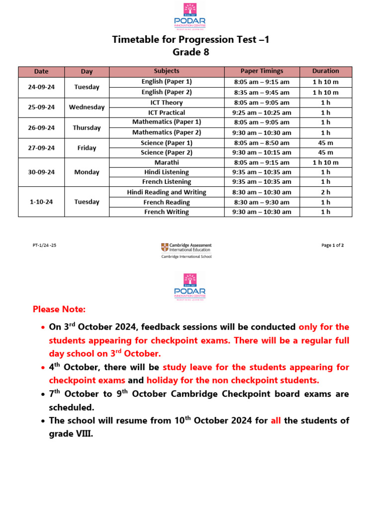 REVISED GRADE 8 - PROGRESSION TEST 1 TIME TABLE | PDF