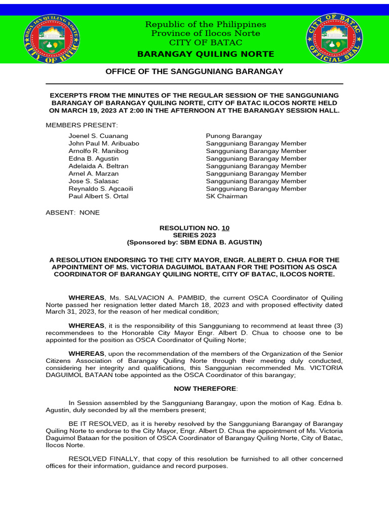 2023 BARANGAY RESOLUTION NO. 2023-10 Resolution Endorsing OSCA ...
