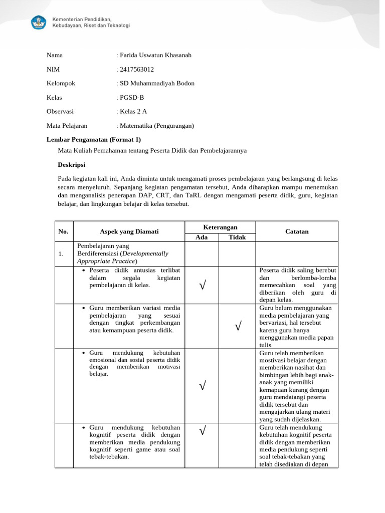 Lembar Observasi PPL 1 Untuk Peserta Didik | PDF
