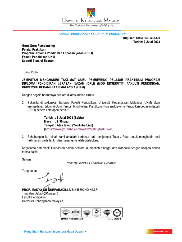 Surat Jemputan Ke Taklimat Guru Pembimbing Pelajar Praktikum Dpli ...