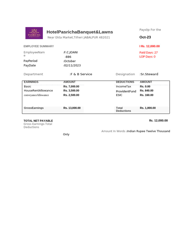 Sample Salary Slip of Company 3 | PDF | Paycheck | Payments