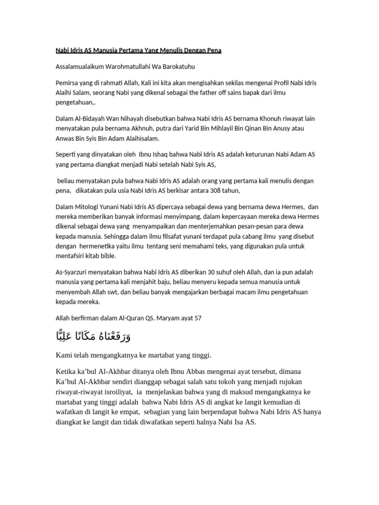 Nabi Idris AS Manusia Pertama Yang Menulis Dengan Pena | PDF