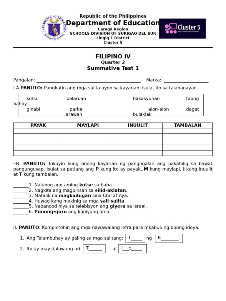 Filipino4 QTR 2 Summative Test No. 1 | PDF