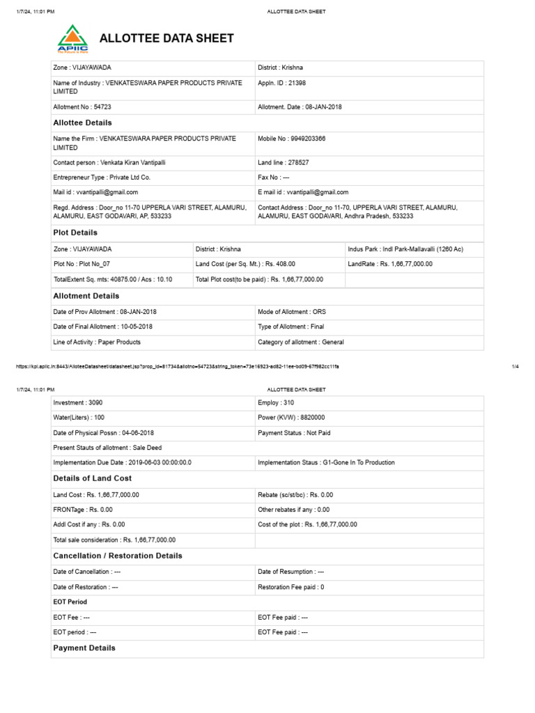Venkateswara Paper Products - Allottee Data Sheet | PDF | Payments