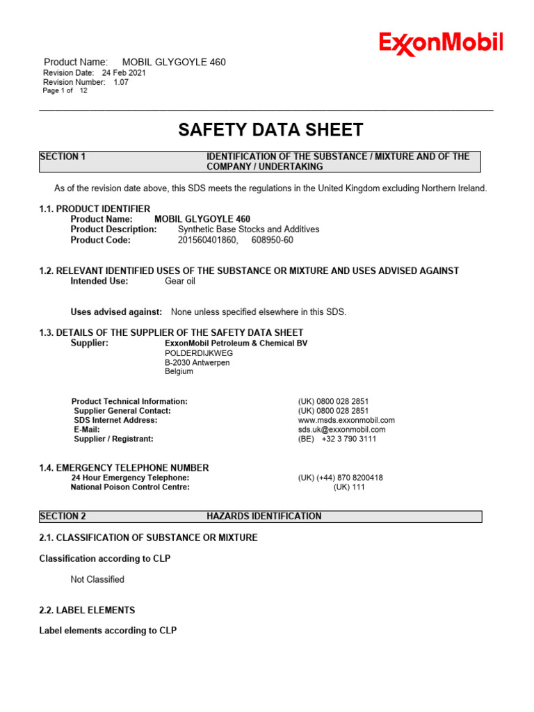 Mobil Glygoyle 460 Safety Data Sheet | PDF | Occupational Safety And ...