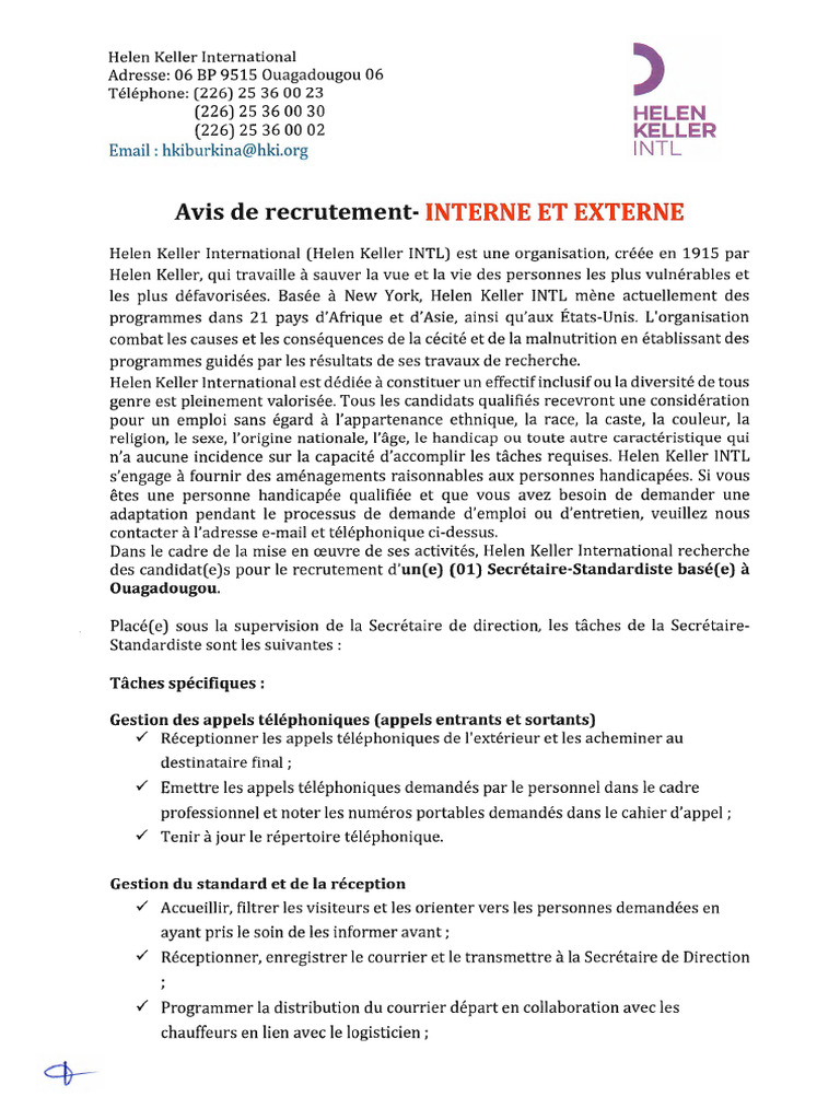 Avis Recrutement - Secrétaire Standardiste | PDF