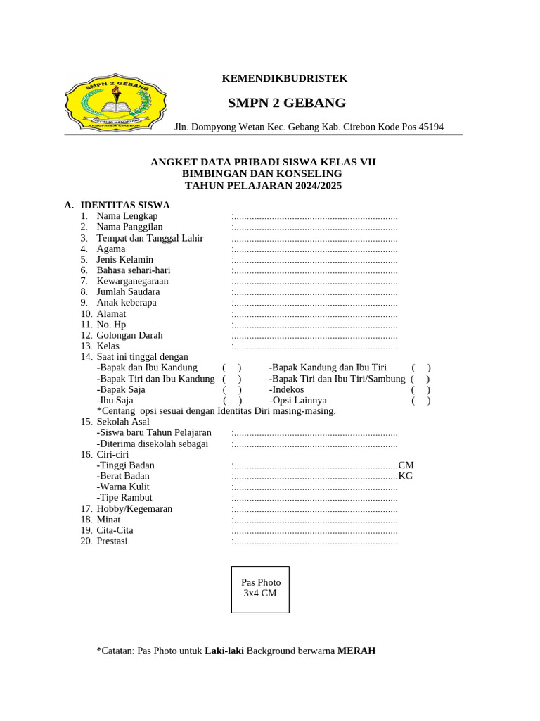 (Kamalluddin) Angket Data Pribadi BK SMPN 2 Gebang | PDF