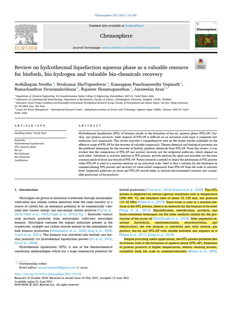 Referensi 6 - Swetha, 2021 | PDF | Algae Fuel | Chemistry
