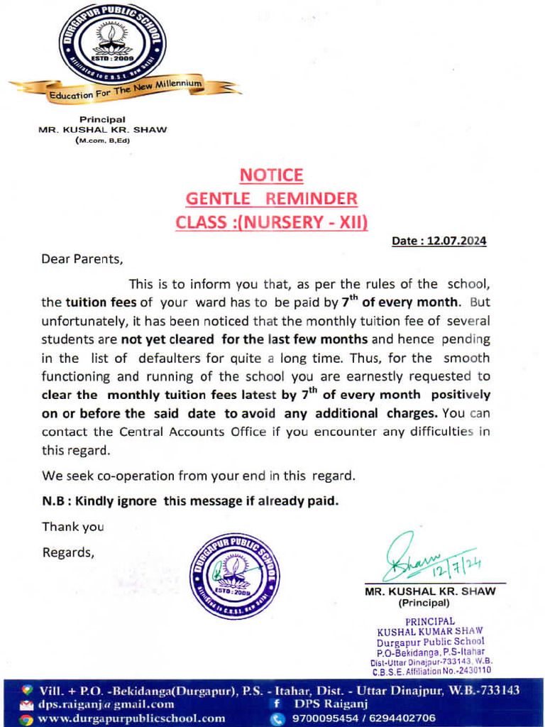 Notice For Tution Fee Reminder | PDF