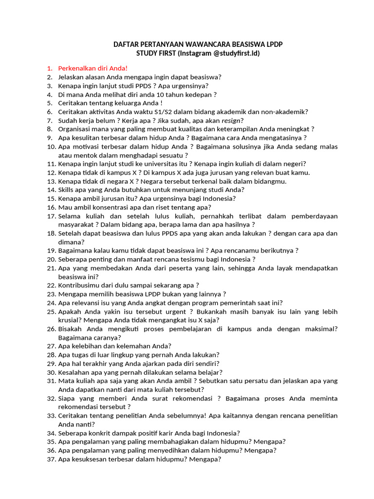 DAFTAR PERTANYAAN WAWANCARA BEASISWA LPDP SF | PDF
