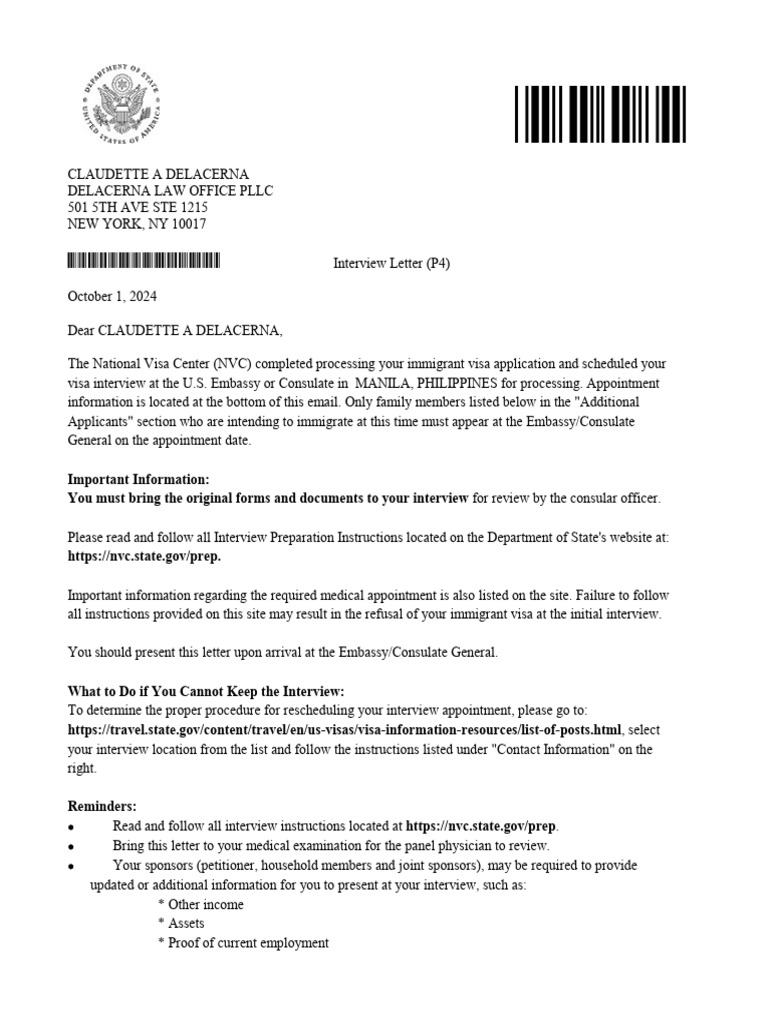NVC Visa Interview Appointment Letter | PDF | Diplomatic Mission ...