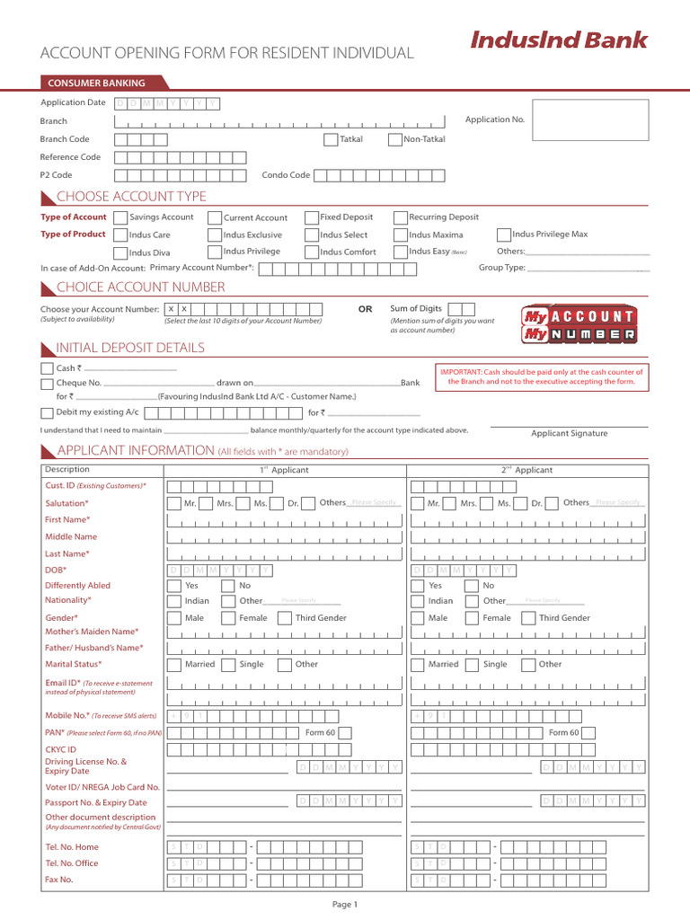 IndusInd Bank Account Opening Form | PDF | Banks | Debit Card