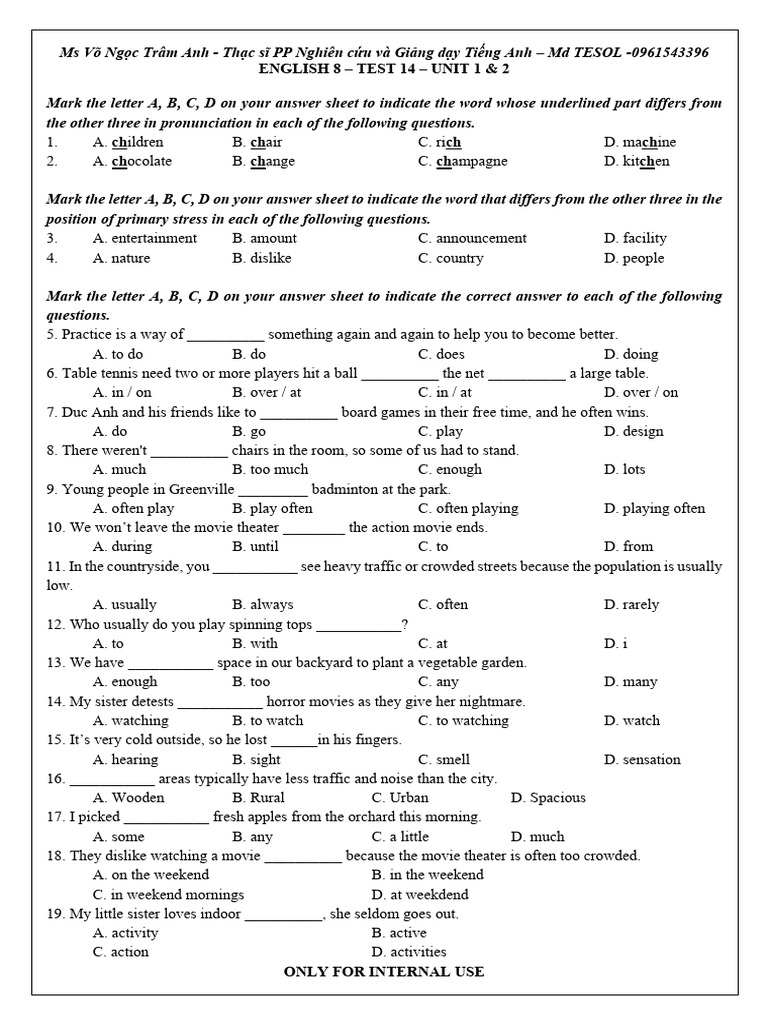 Eng8 U1 - U2 - T14 (HS) - Form 40 Câu | PDF | Musical Instruments | Music Technology
