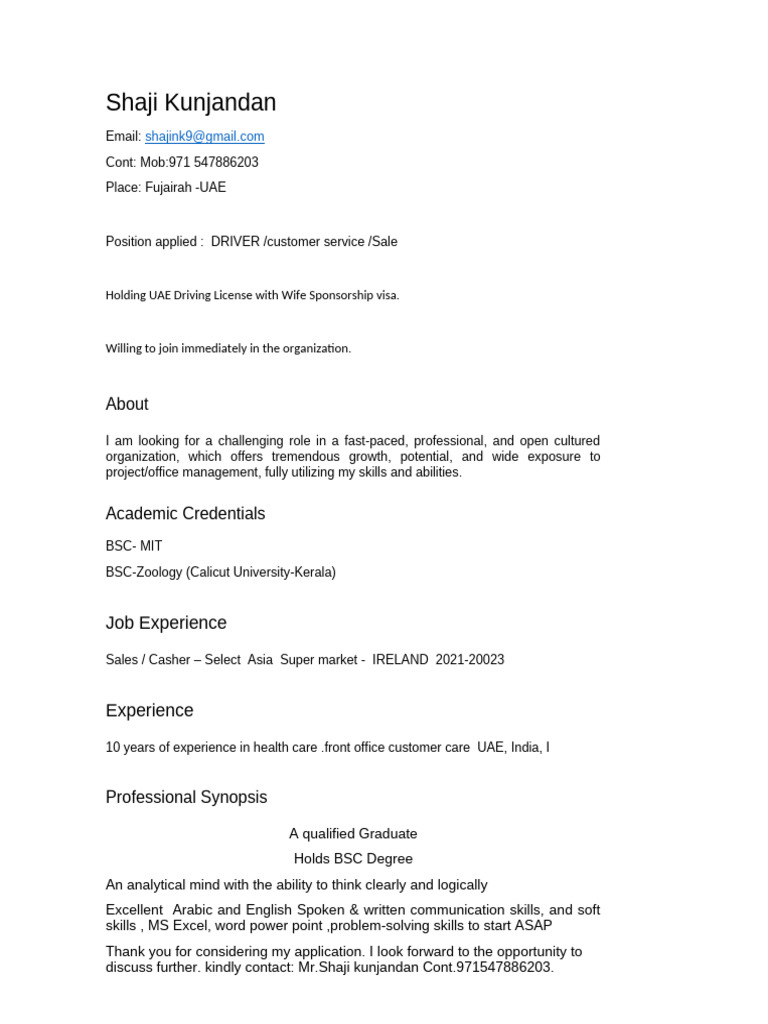 Shaji Job CV (1) Sales Casherdriver | PDF