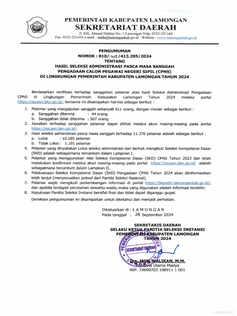 Pengumuman Seleksi Administrasi Pasca Sanggah CPNS 2024 Dan Lampiran | PDF