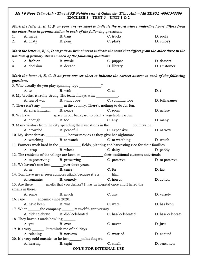 Eng8 U1 - U2 - T6 (HS) - Form 40 Câu | PDF | Sports & Recreation | Language Arts & Discipline