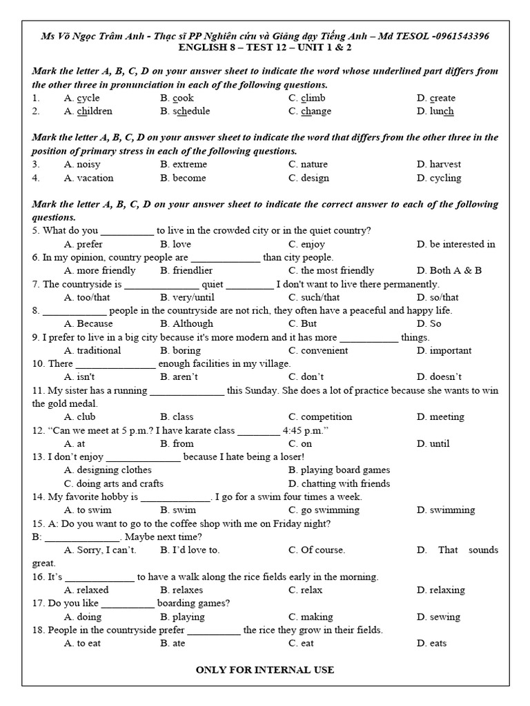 Eng8 U1 - U2 - T12 (HS) - Form 40 Câu | PDF