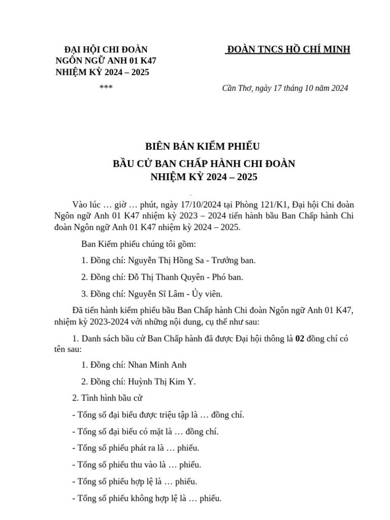 Biên bản kiểm phiếu BCH ĐHCĐ 24-25 | PDF