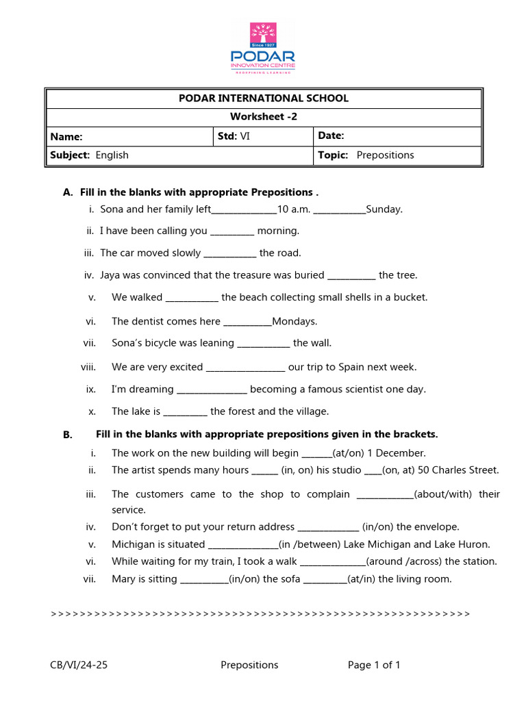 WS 1 - CB - VI - Eng - Ch.9.Prepositions | PDF | Travel | Foreign ...