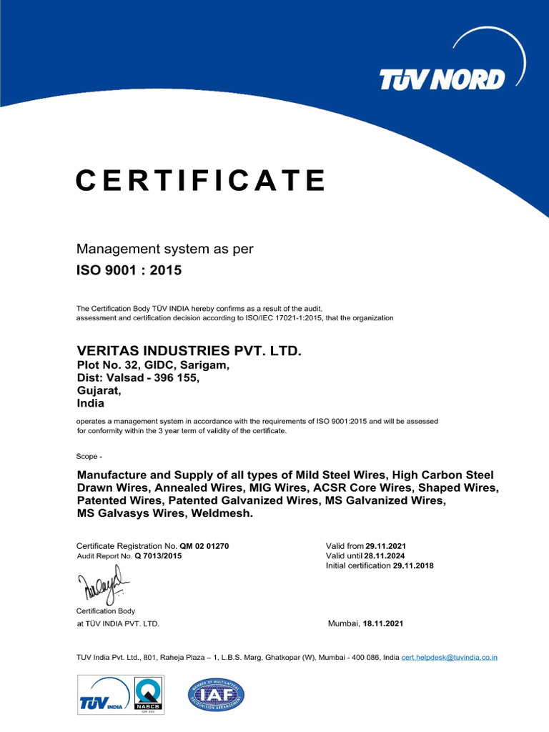 ISO 9001 Veritas Ind Certificate 2021-2024 | PDF