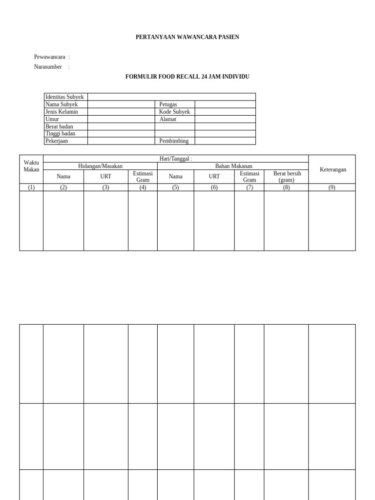 Formulir Food Recall 24 Jam Individu | PDF