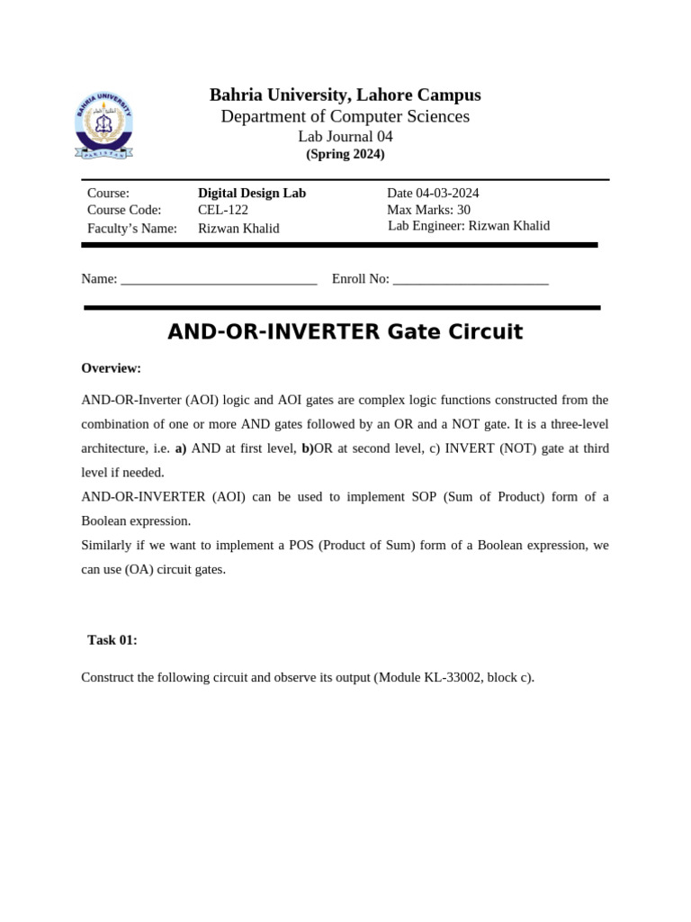 Lab 4 AND OR INVERT 04032024 125739pm | PDF | Logic Gate | Boolean Algebra