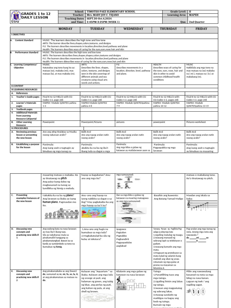 Q2W1 DLL Mapeh | PDF